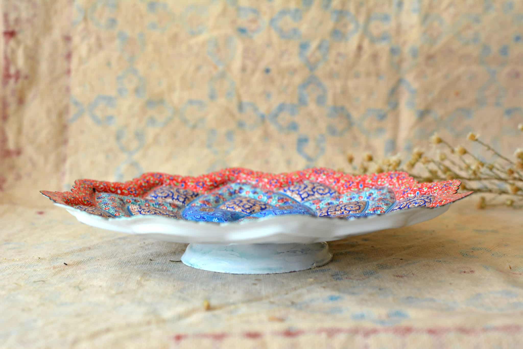 Hand-Painted Enamelled Red-Blue Plate - Azar Bazaar - Handmade Shop